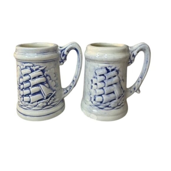 Unknown | Dining | Vintage Blue White Ceramic Tankard Mugs With Ship ...